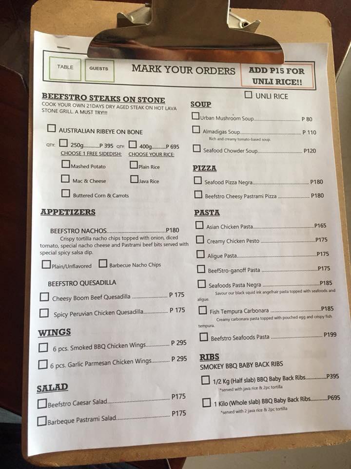 Menu at Beefstro restaurant, Cabanatuan City, Nueva Ecija PH