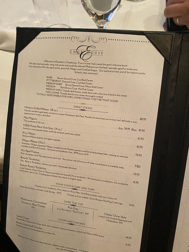 Menu at Elizabeth's Chop House steakhouse, Marquette