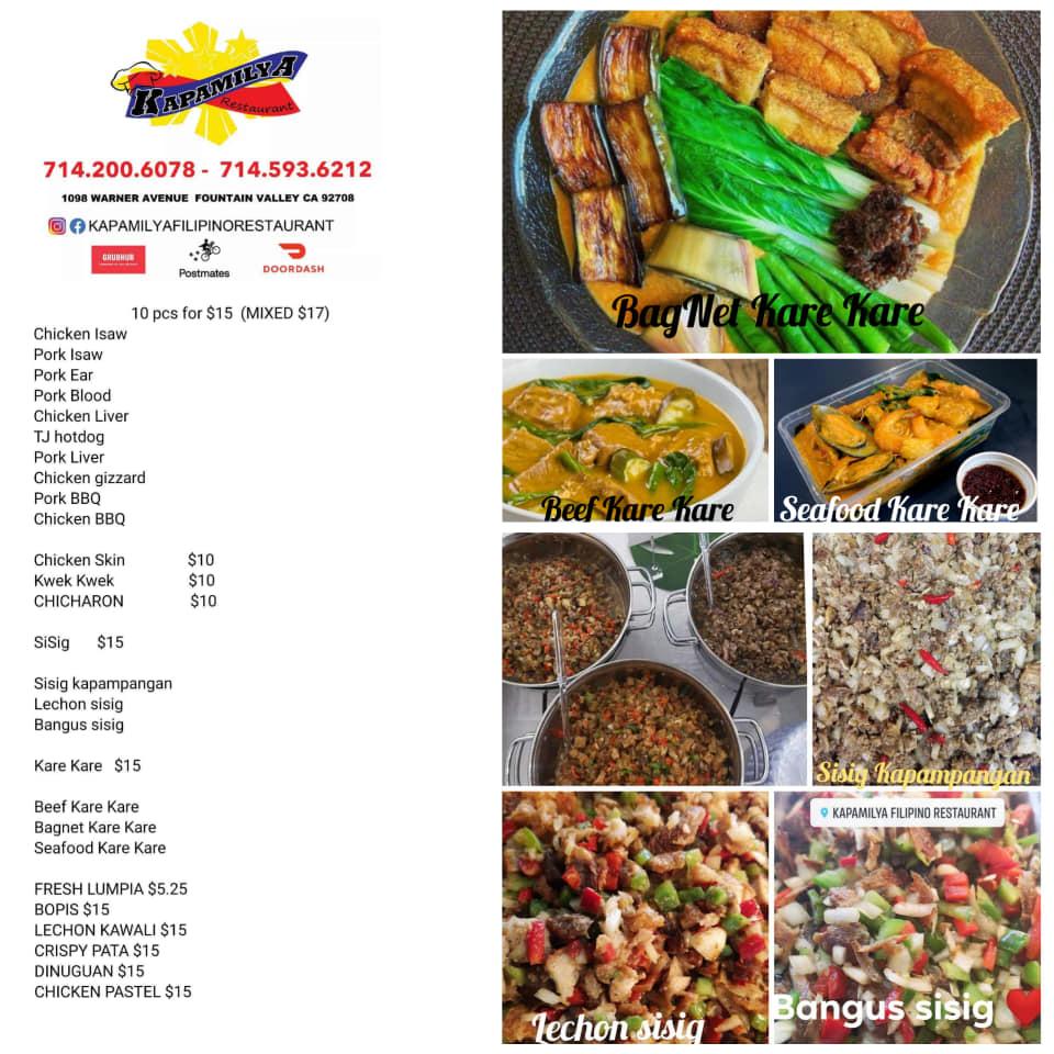 Menu at Kanto Filipino Streetfood restaurant, Fountain Valley