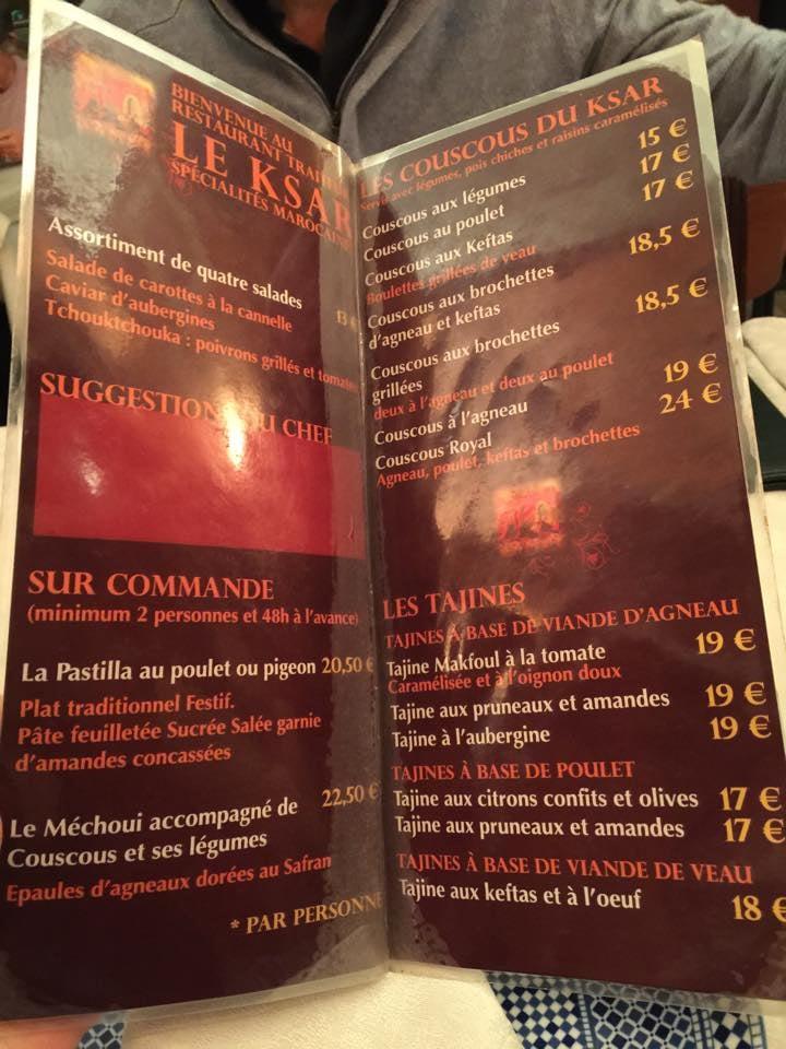 Menu au Le Ksar restaurant, Toulouse