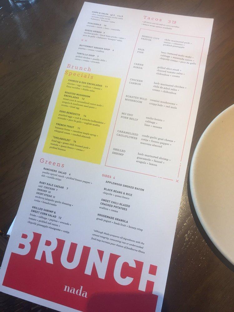 Menu at Nada restaurant, Nashville