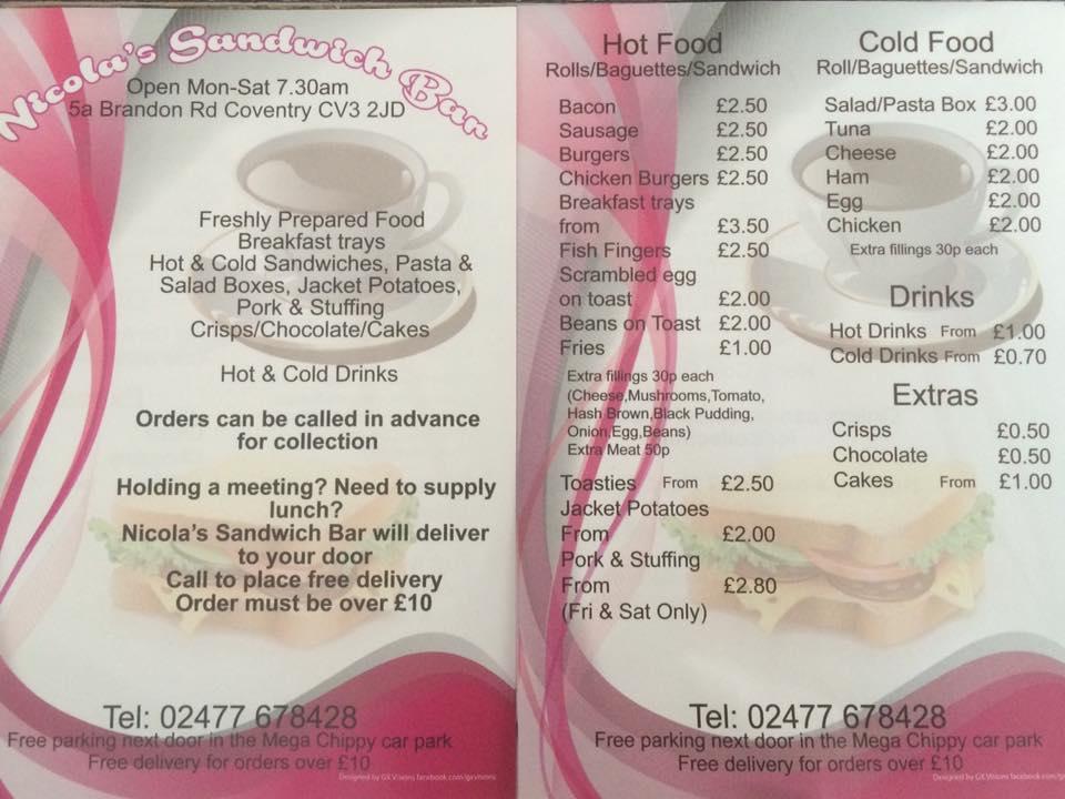 Menu at Nicki’s Sandwich Bar, Coventry