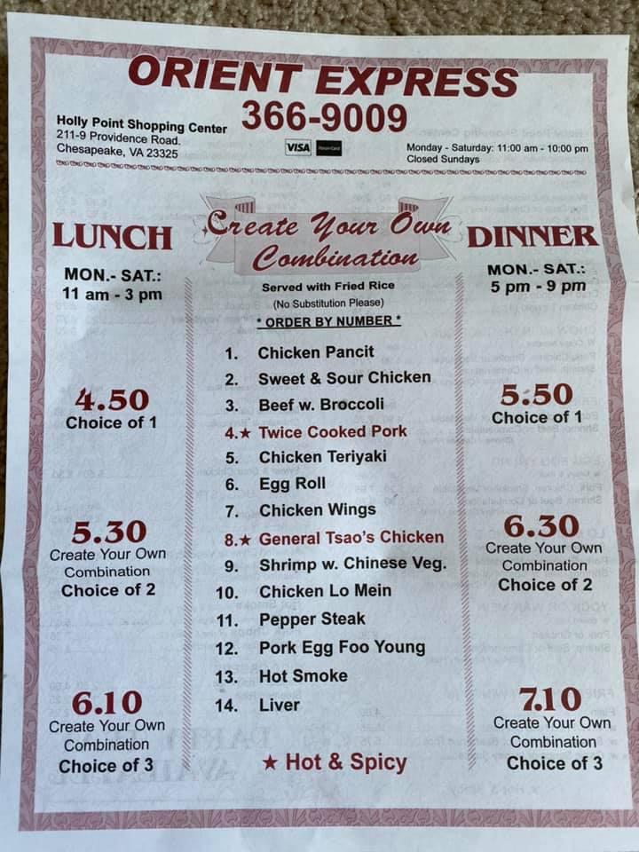 Menu at Orient Express fast food, Chesapeake, Holly Point Shopping Center