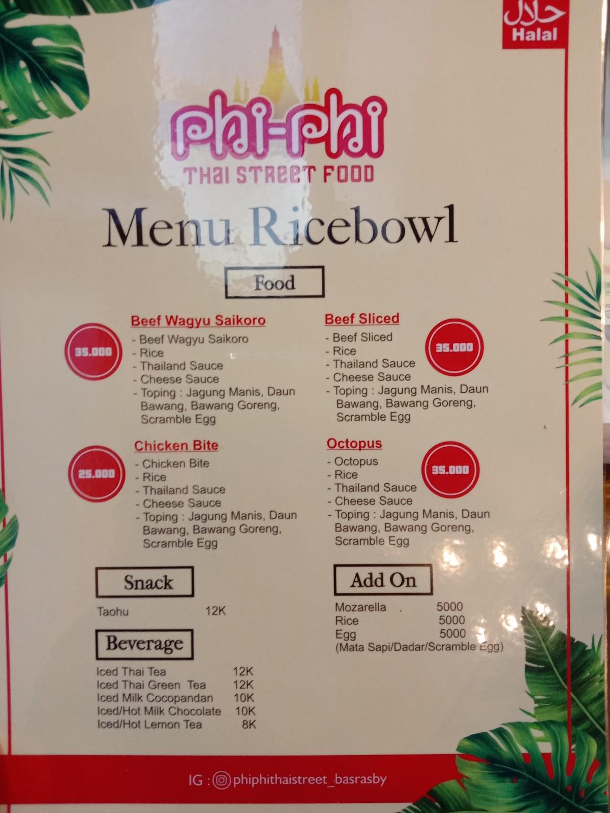 Menu at Phi Phi Thai Street Food restaurant, Surabaya
