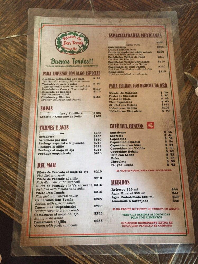 Menu at Rincón de Don Tomás restaurant, San Miguel de Allende