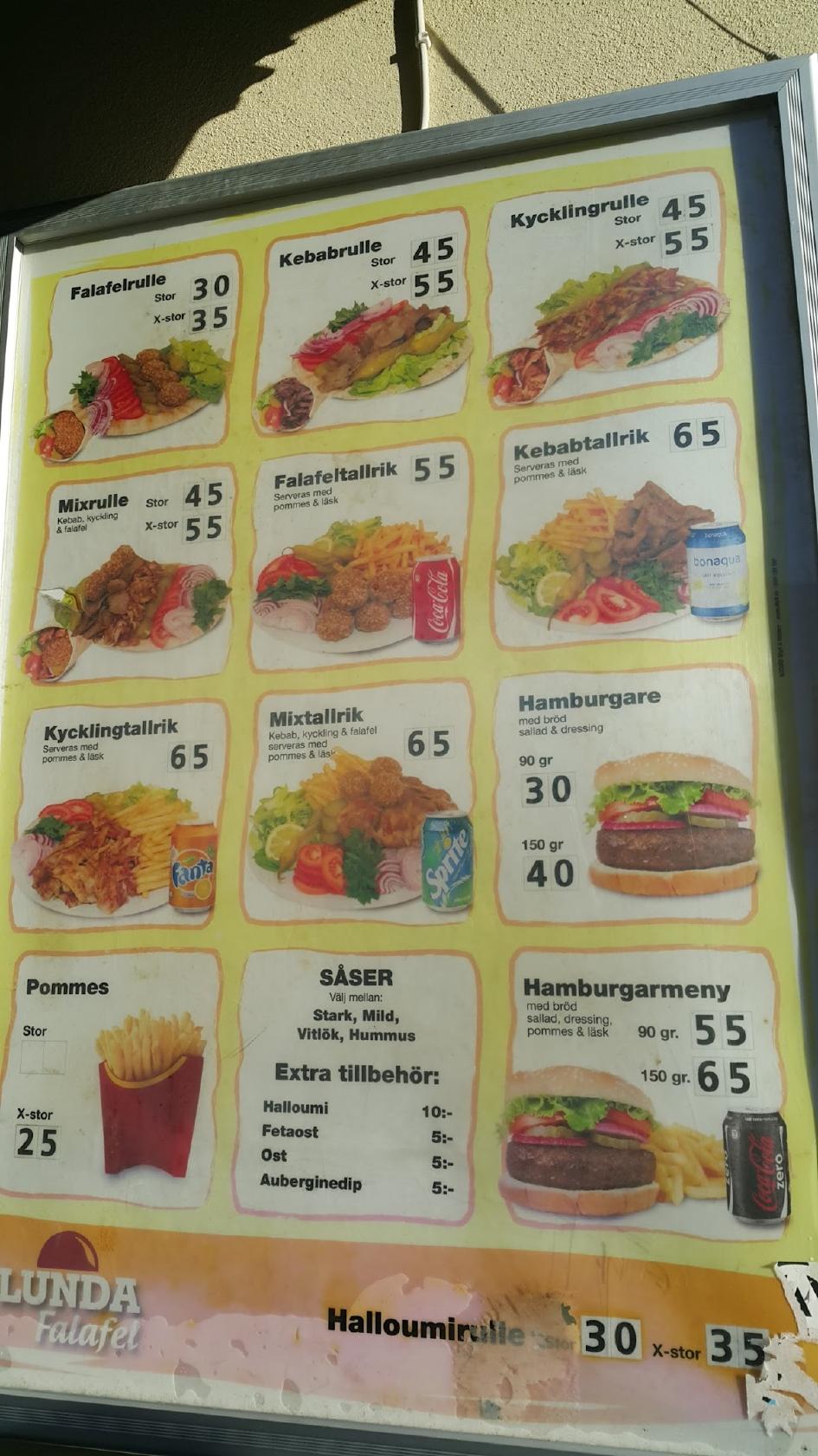 Menu at Lundafalafel cafe, Lund