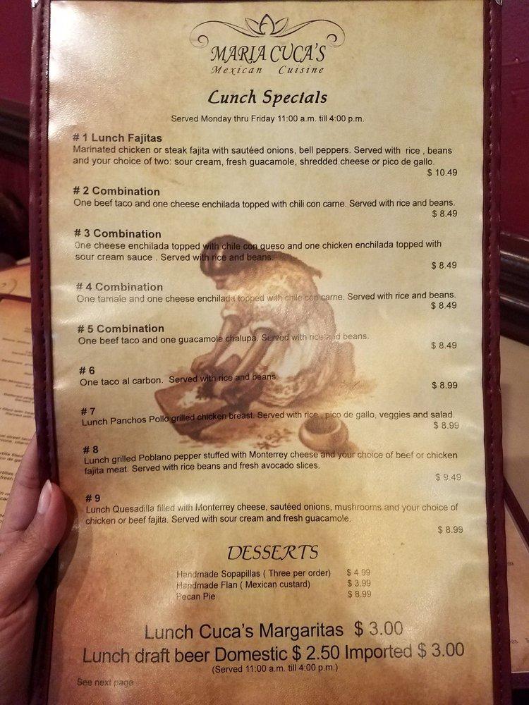 Menu at Maria Cuca's Mexican Cuisine restaurant, Keller