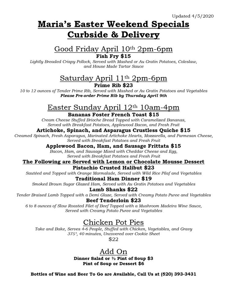 Menu at Maria's The Gathering Place restaurant, Green Valley