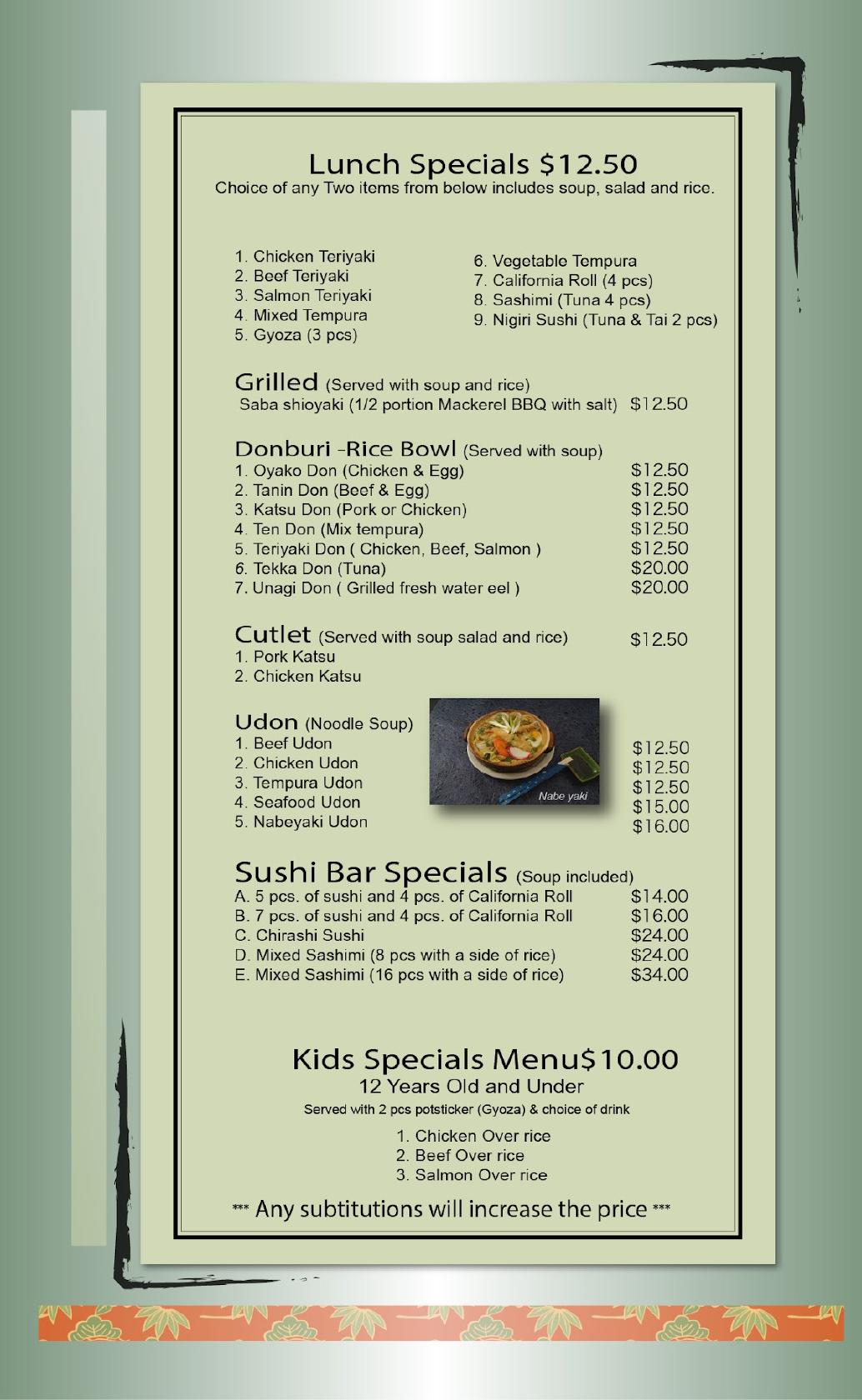 Menu at Miyako Japanese Restaurant, Hollister