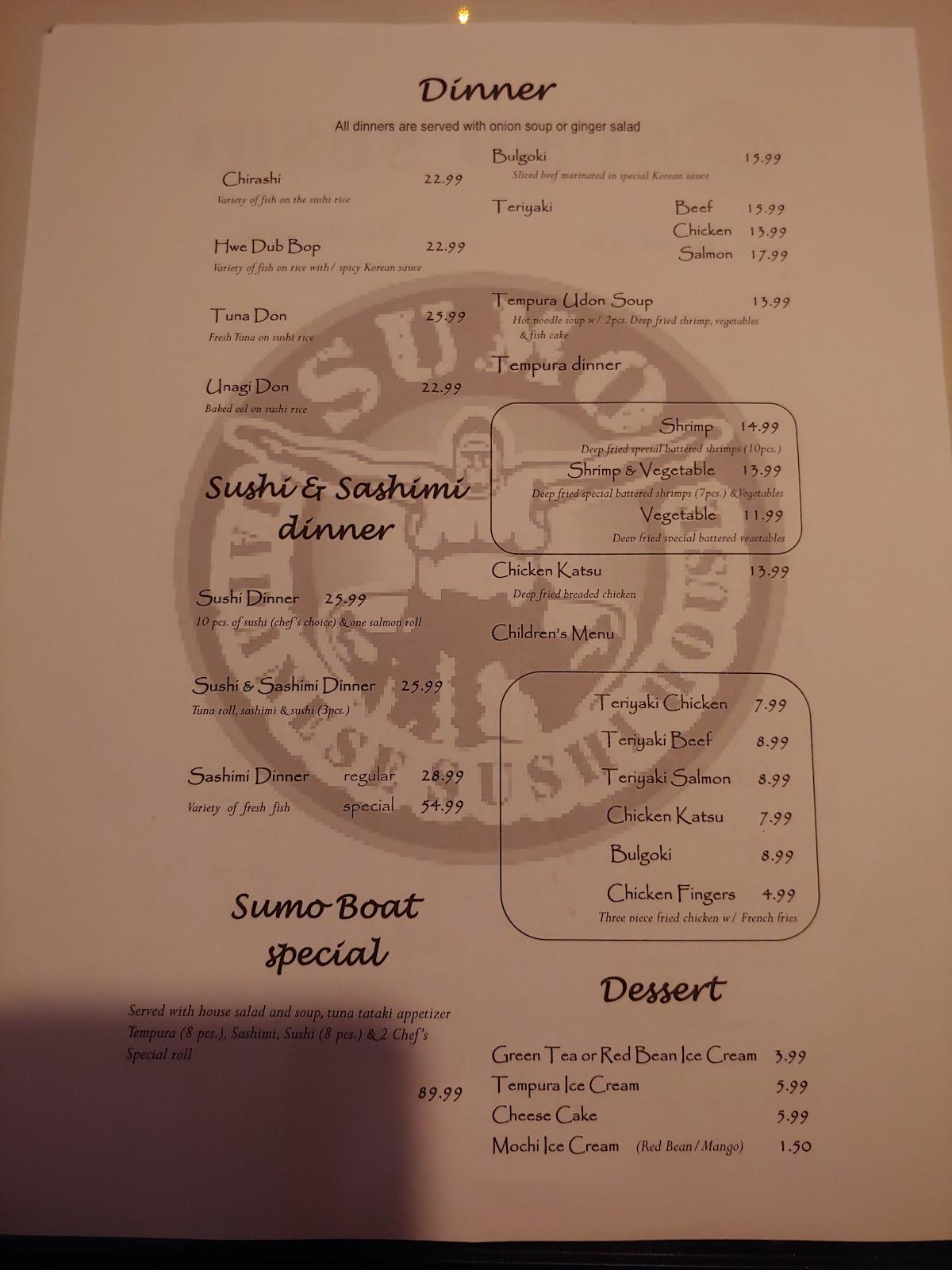 Menu at Sumo Sushi restaurant, Lakeland