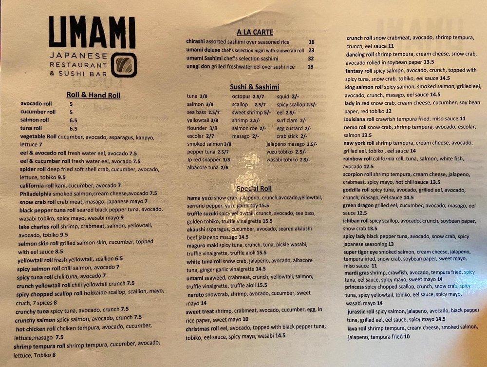 Menu at UMAMI Japanese Restaurant & Sushi Bar, Lake Charles