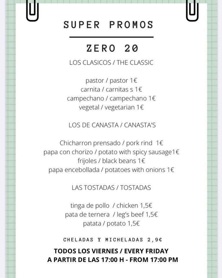 Menu at Zero 20 pub & bar, Barcelona