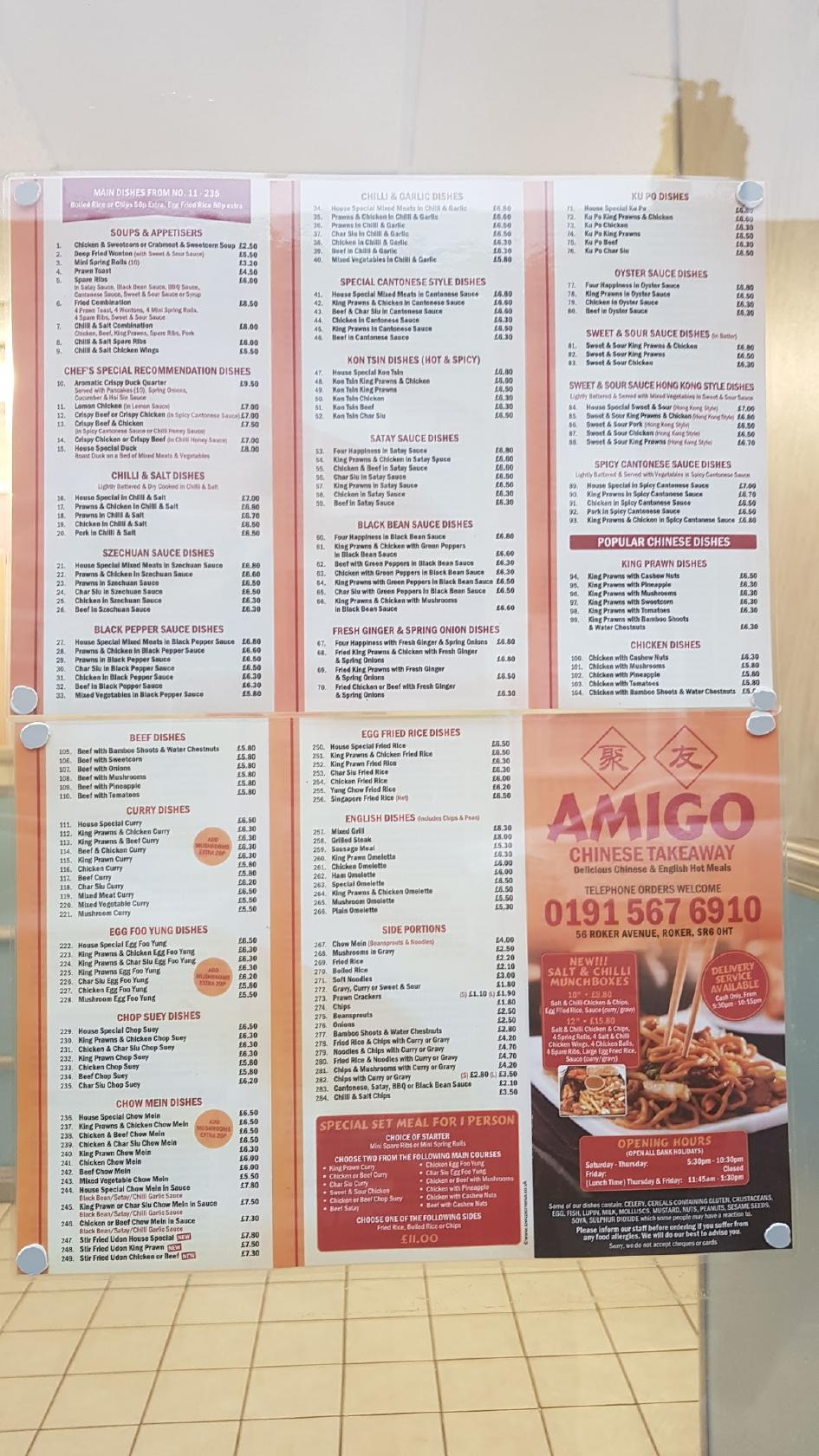 Menu at Amigo Chinese Takeaway restaurant, Sunderland