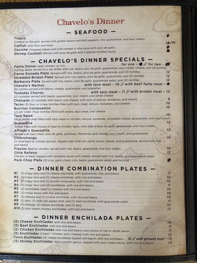 Menu at Chavelo's Mexican Restaurant, Buda