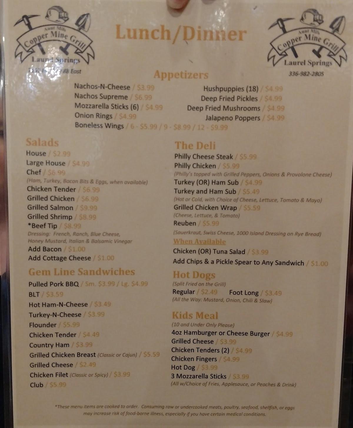 Menu at Copper Mine Grill cafe, USA, NC-88