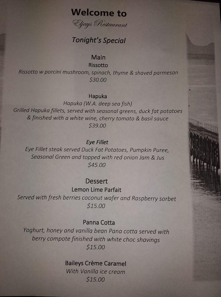 Menu at Eljays Restaurant, Esperance