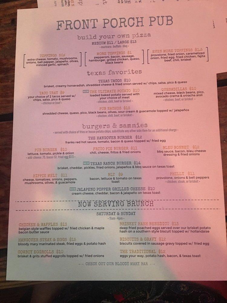Menu at Front Porch Pub, Houston
