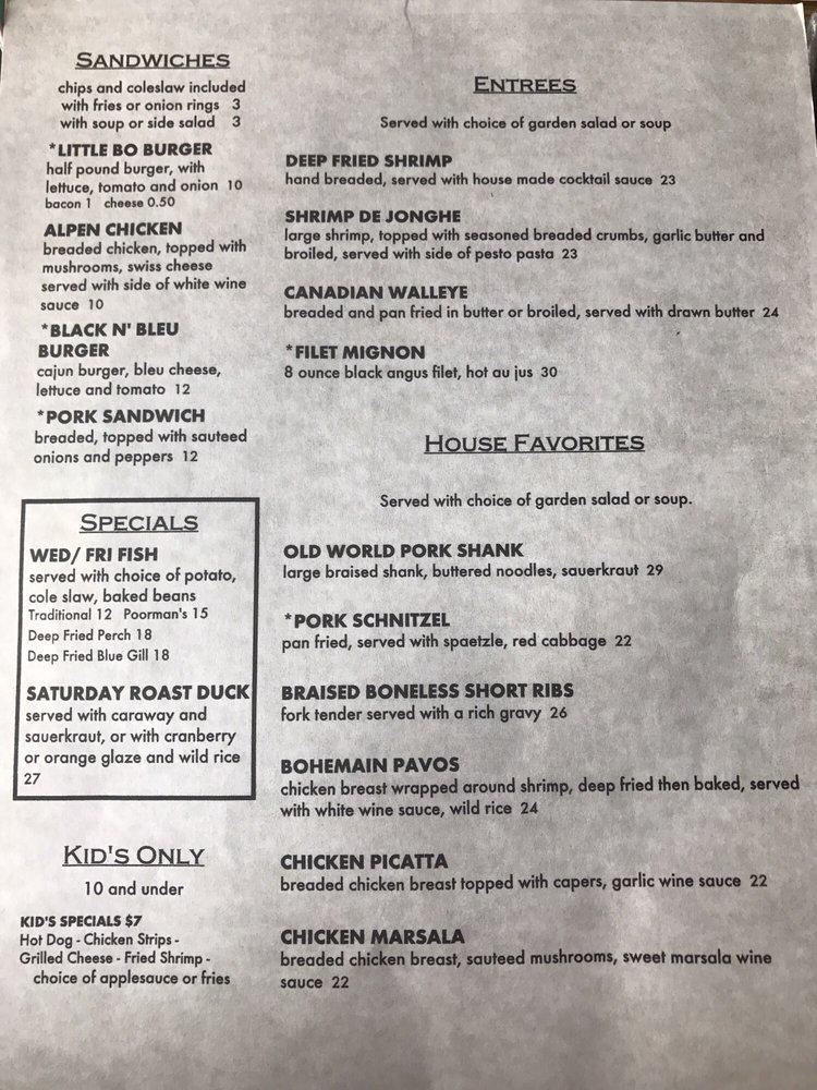 Menu at Little Bohemia Lodge restaurant, Manitowish Waters, 142 US-51