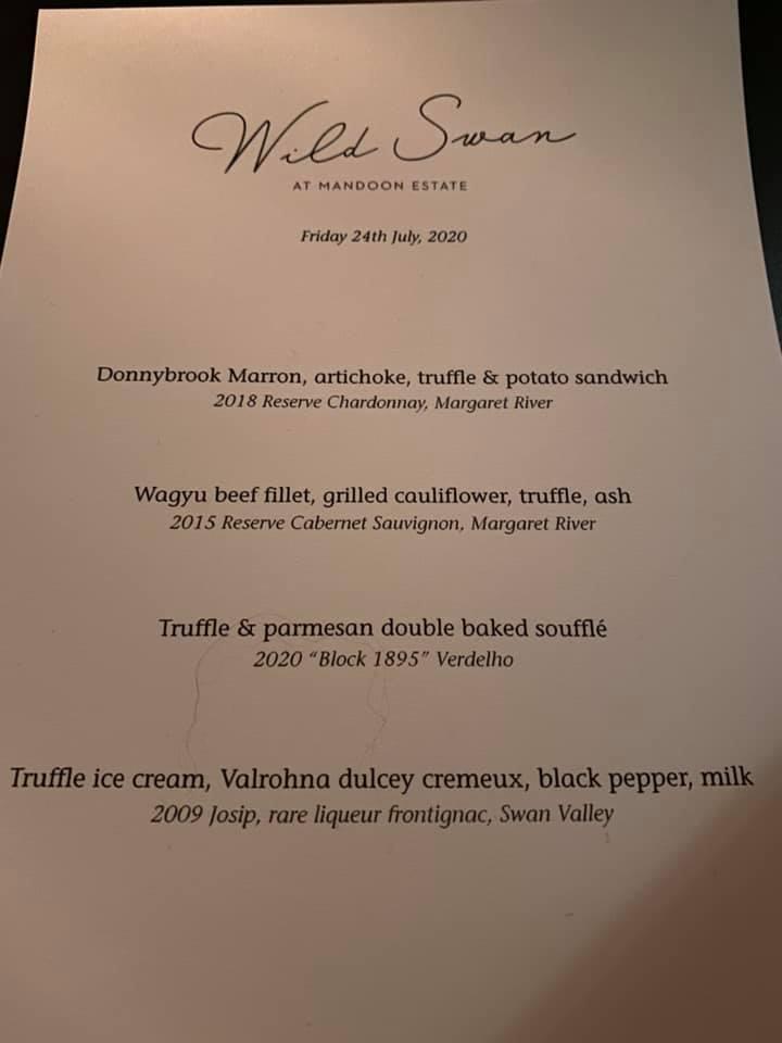 Menu at Wild Swan at Mandoon Estate restaurant, Caversham