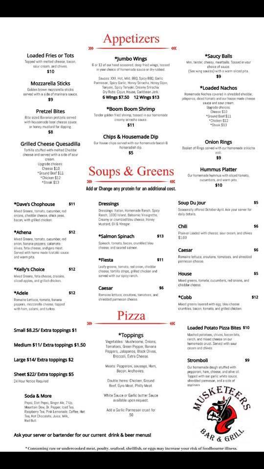 Menu at Musketeers Bar & Grill, Richfield