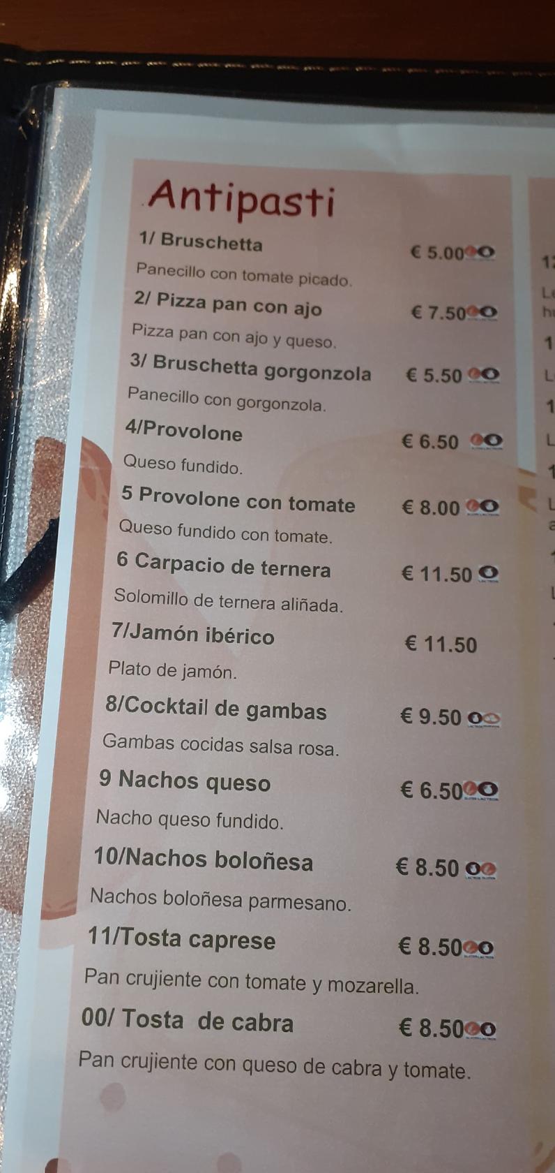 Carta de Restaurante Pizzería Da Pino, Vejer de la Frontera