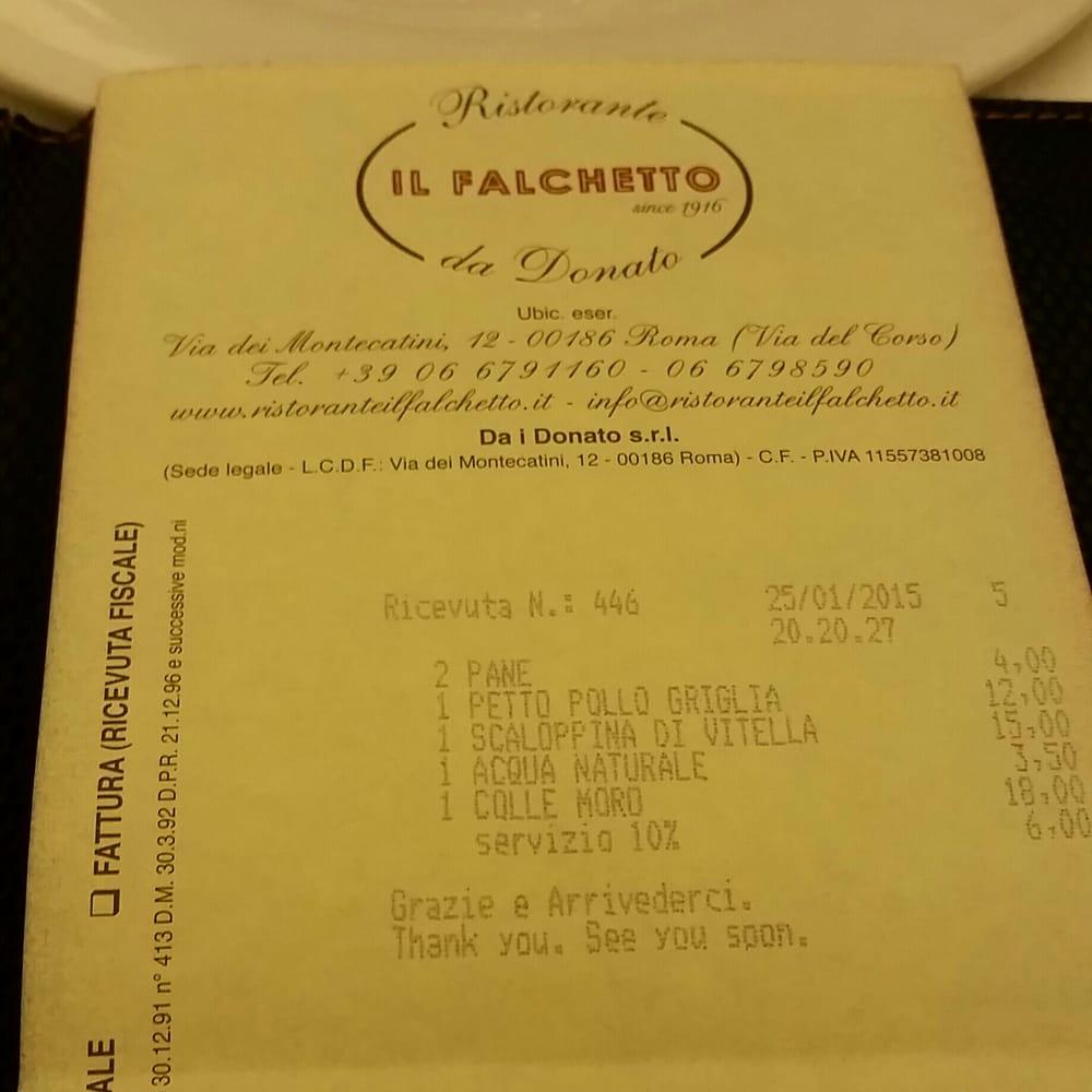 Menu au Ristorante Il Falchetto, Rome