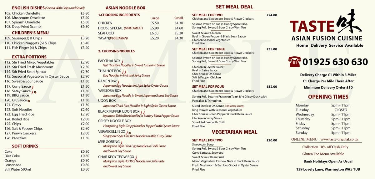Menu at TASTE Asian Fusion restaurant, Warrington, 139 Lovely Ln