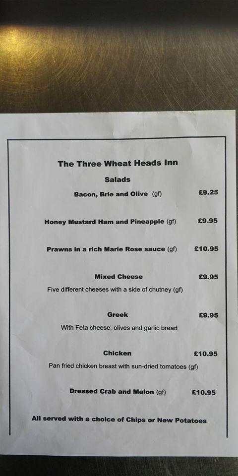 Menu at The Three Wheat Heads Inn restaurant, Rothbury