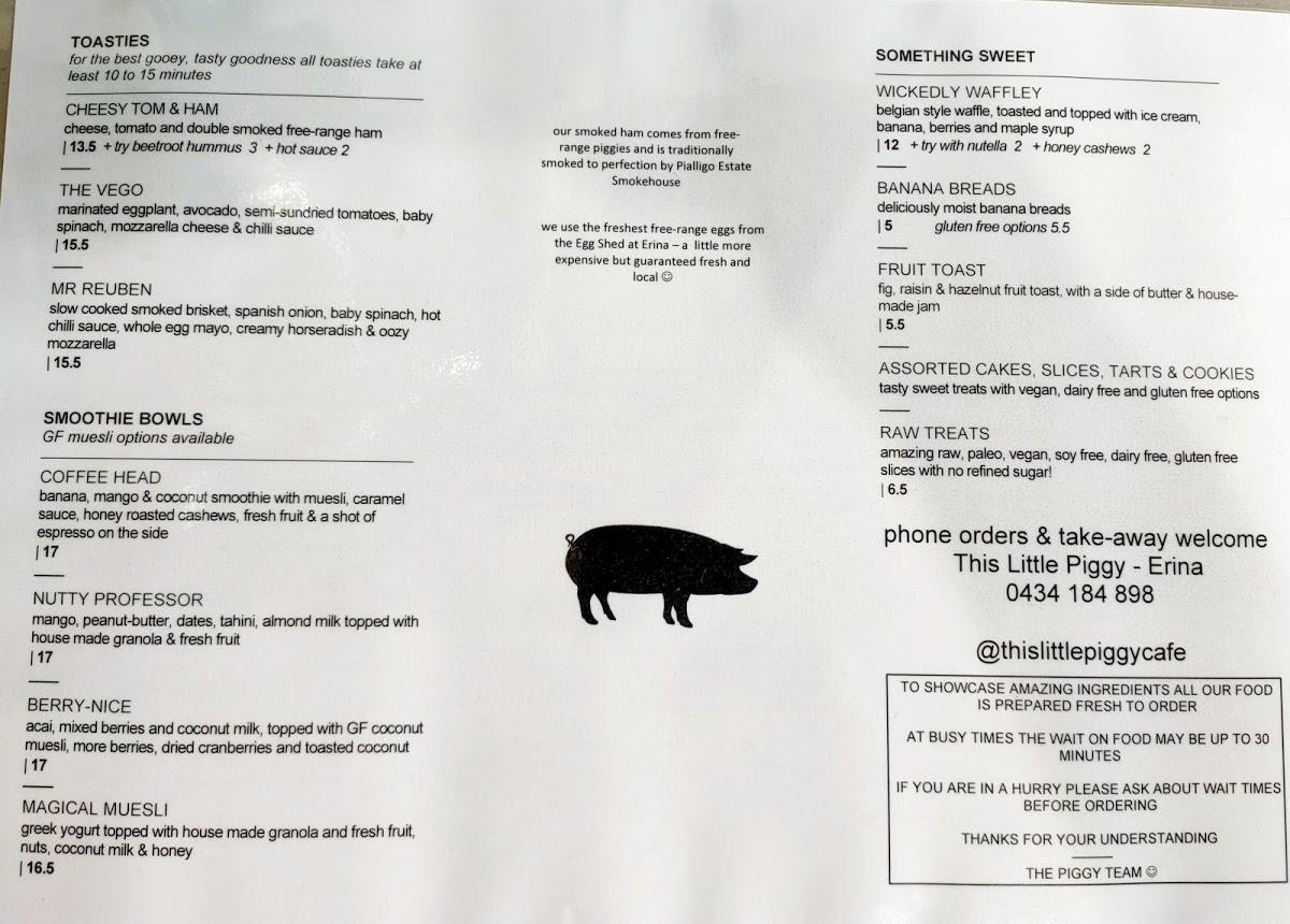 Menu at This Little Piggy cafe, Erina