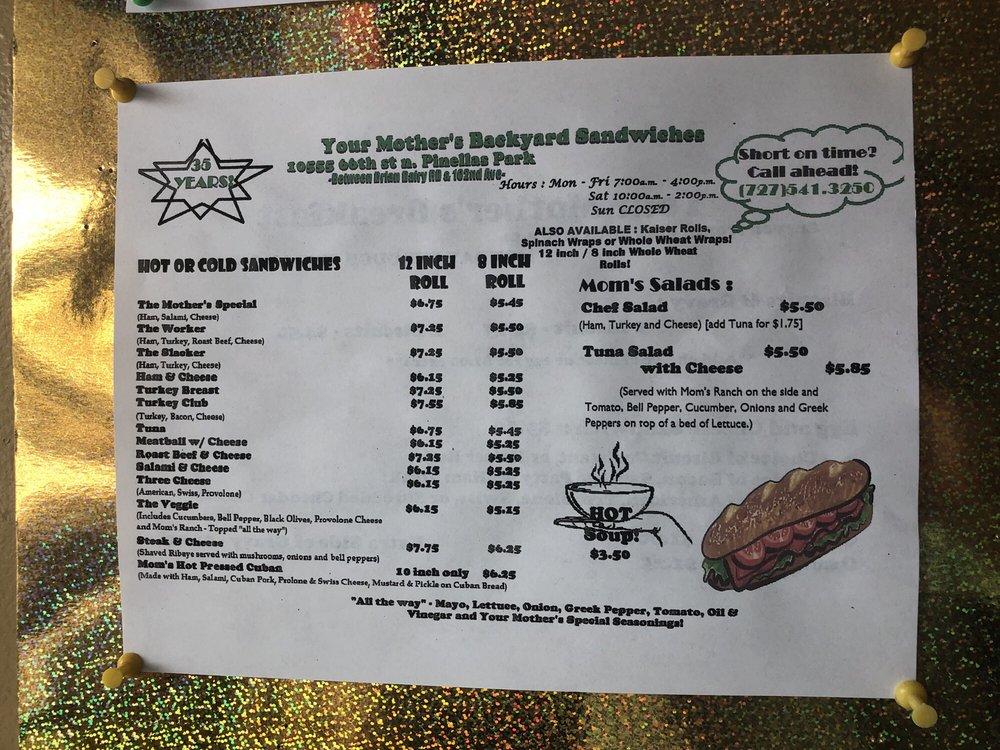 Menu at Your Mothers Back Yard restaurant, Pinellas Park, 66th St N