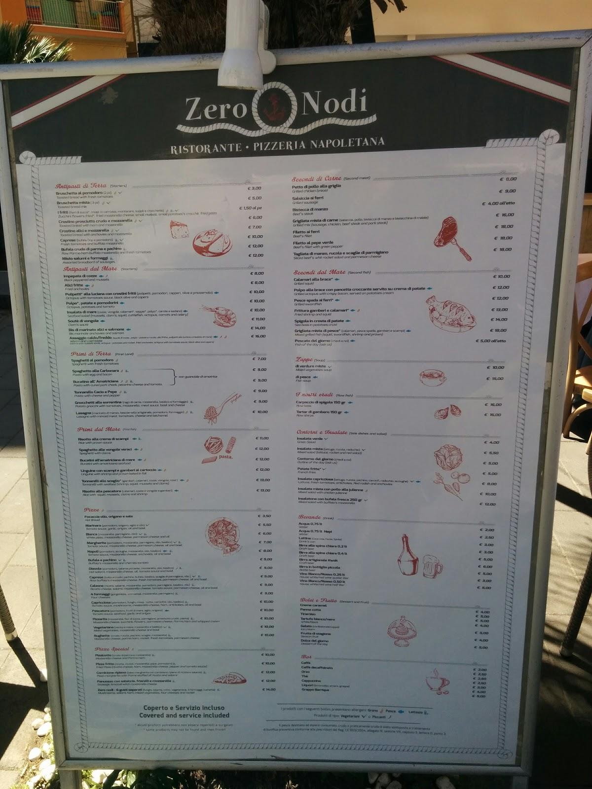 Menu at Zero Nodi pub & bar, Ostia