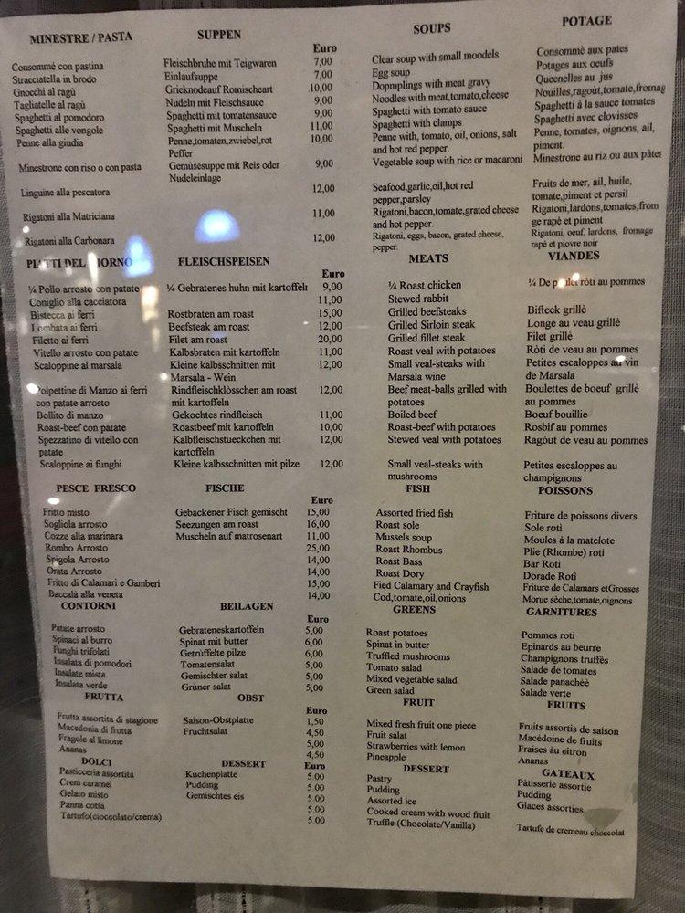 Menu at Da Emilio restaurant, Rome