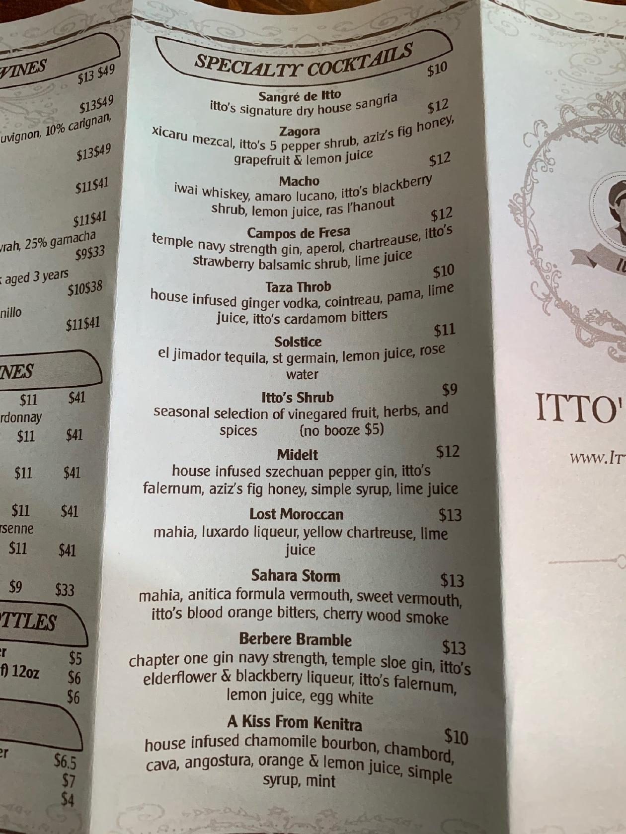 Menu at Itto's Tapas pub & bar, Seattle, California Ave SW