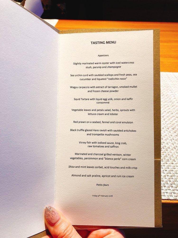 Menu at Lasarte restaurant, Barcelona