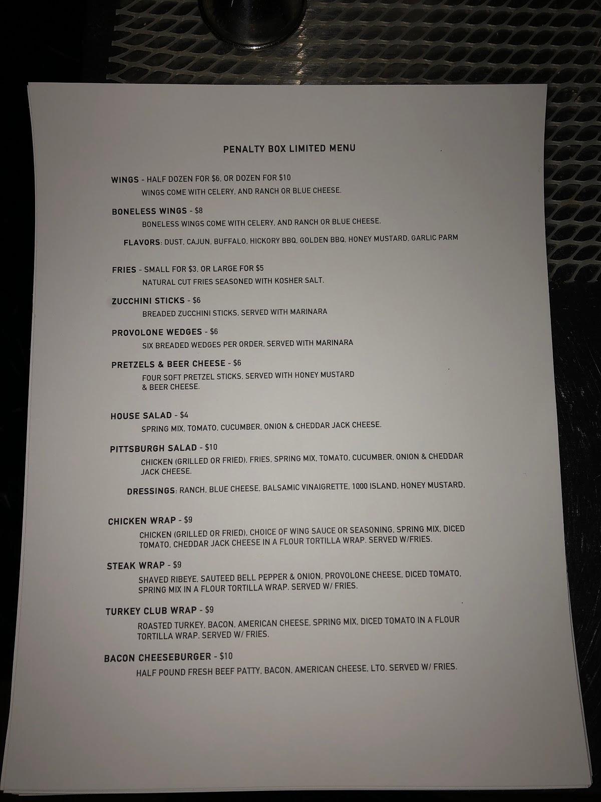 Menu at Penalty Box pub & bar, Economy