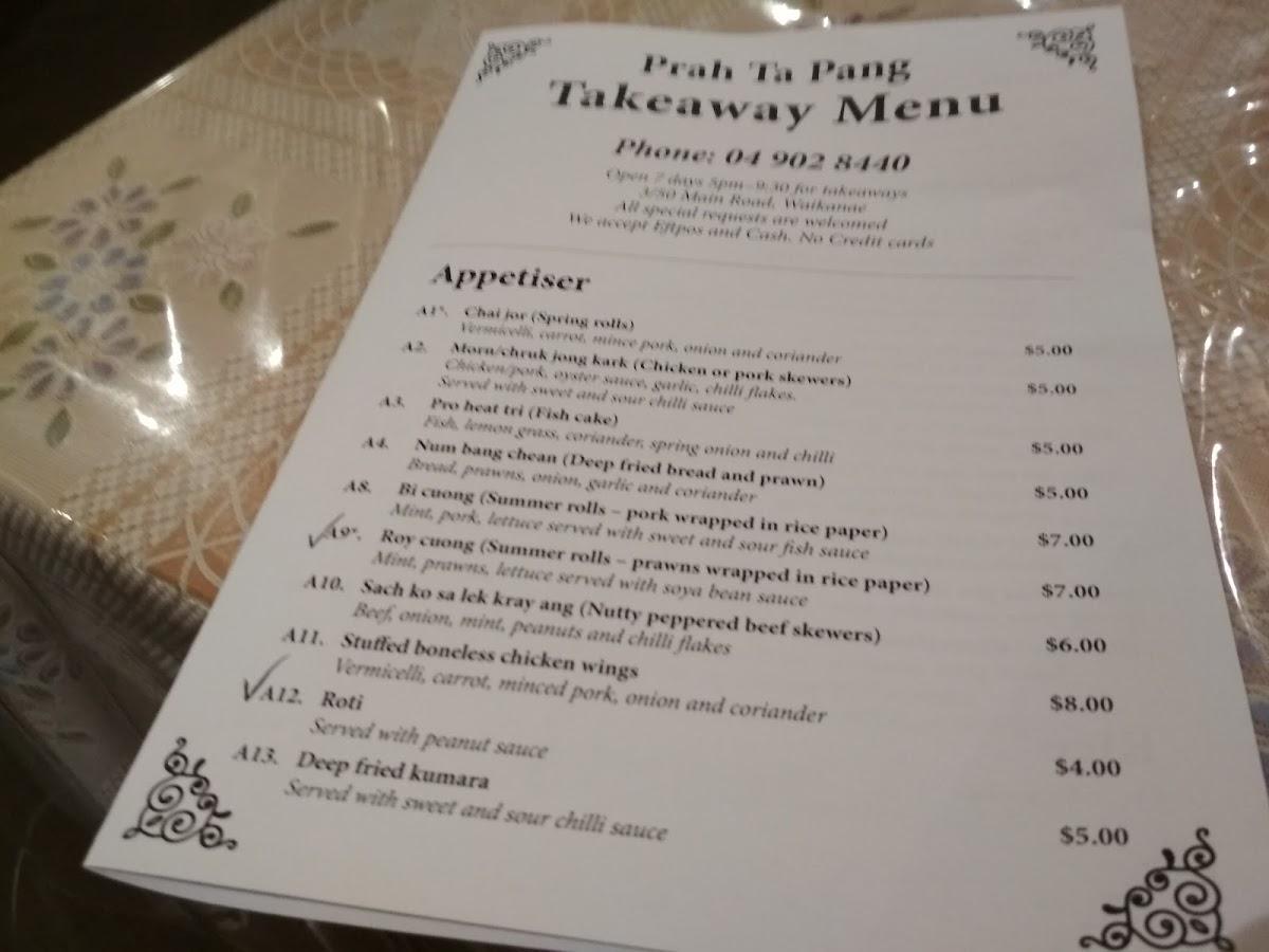 Menu at Prah Ta Pang Restaurant, Waikanae
