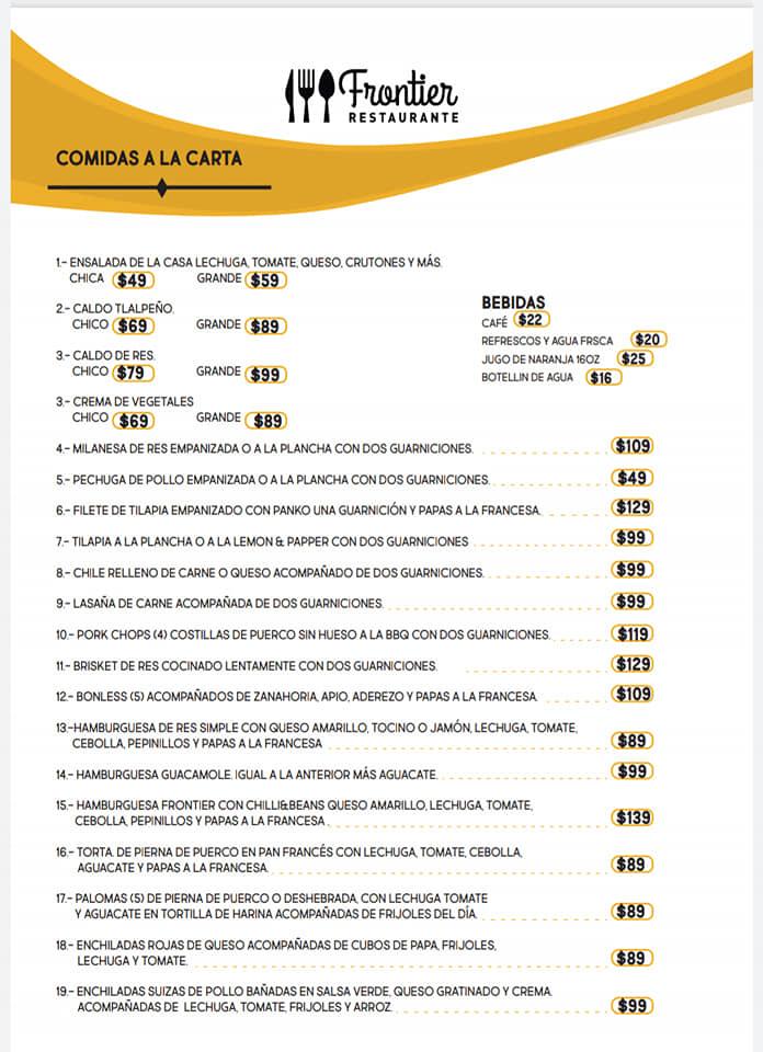 Menu at Frontier Restaurante, Saltillo