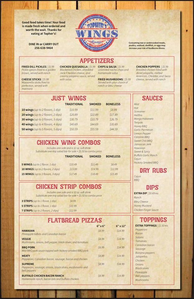 Menu at Topher's Wings BBQ, Rainsville