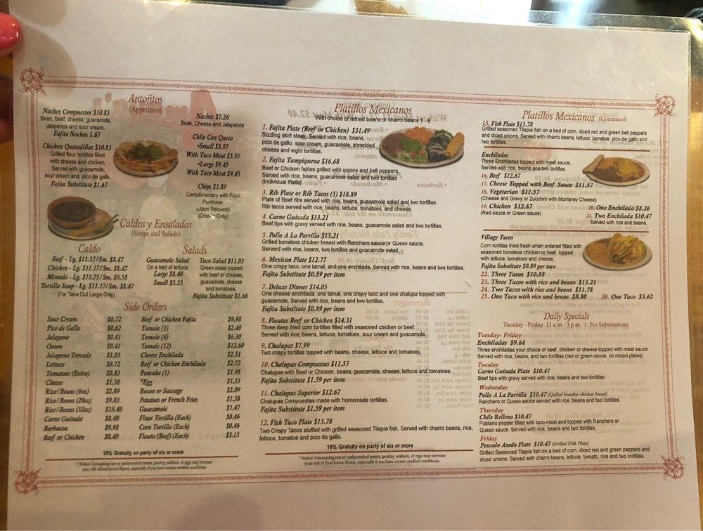 Menu at Amaya's Taco Village restaurant, Austin, N Interstate 35 ...