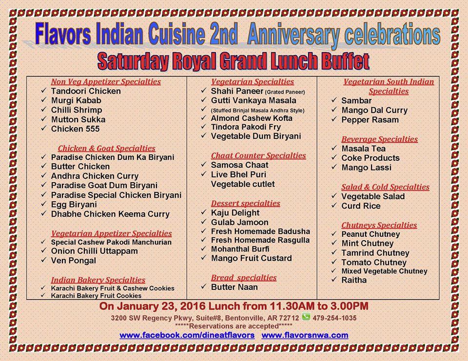 Menu at Flavors Lounge restaurant, Bentonville