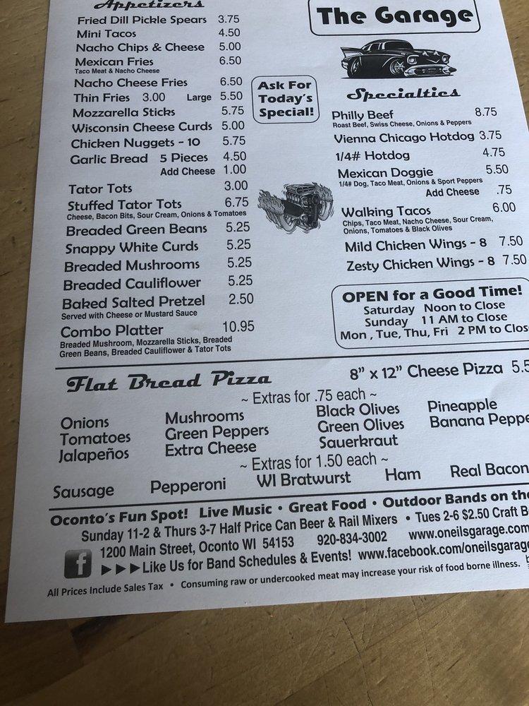 Menu at Garage pub & bar, Oconto