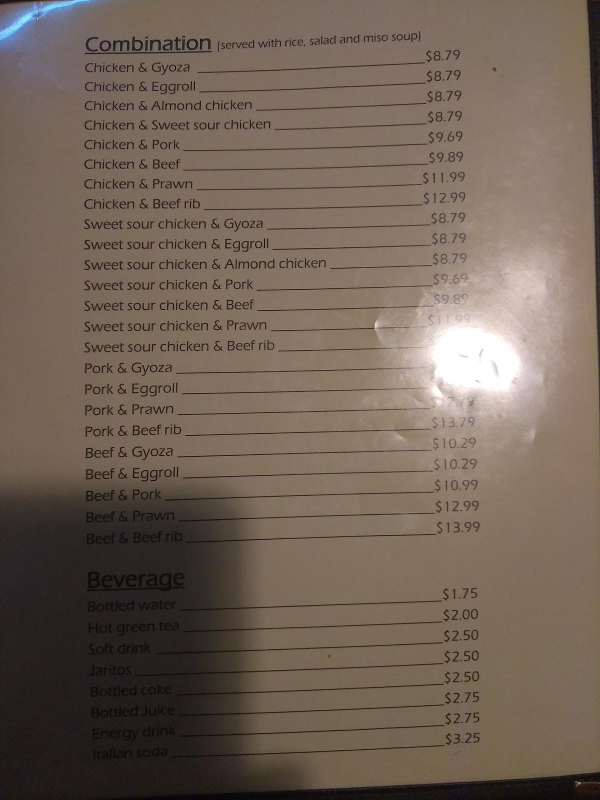 Menu at Minami Teriyaki restaurant, Longview