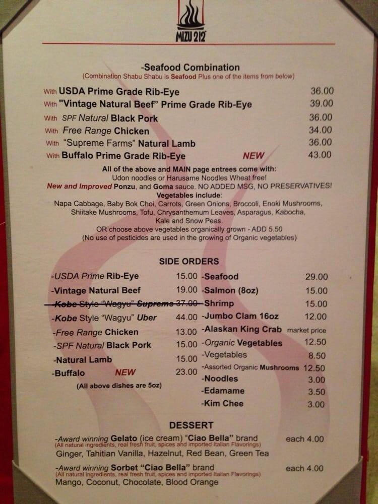 Menu at Mizu 212 restaurant, Los Angeles, Sawtelle Blvd