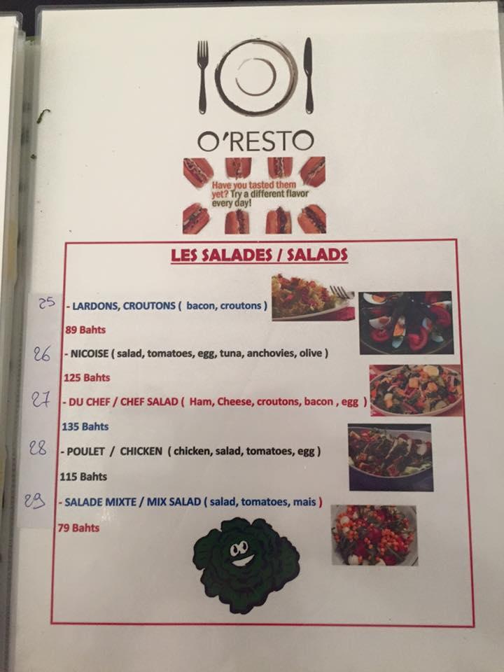 Menu at O'Resto restaurant, Pattaya City
