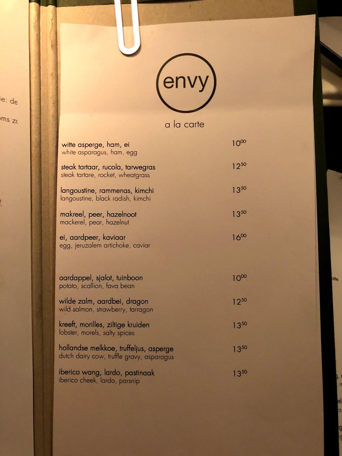Speisekarte von Restaurant Envy, Amsterdam