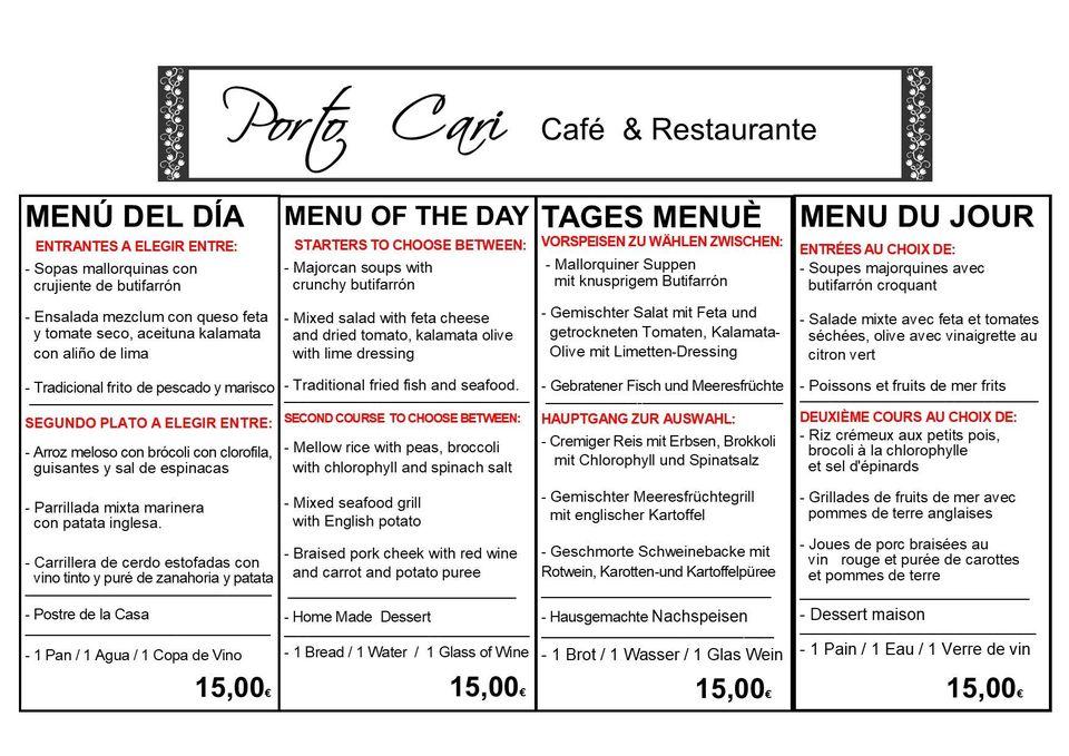 Carta de Porto Cari Restaurant & Cafe, Cala D'or
