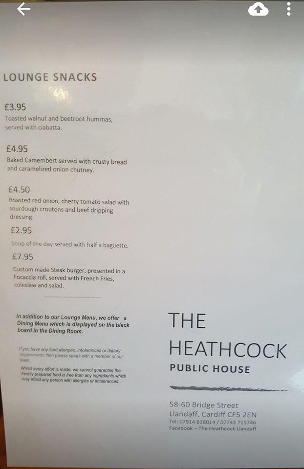 Menu at The Heathcock pub & bar, Cardiff