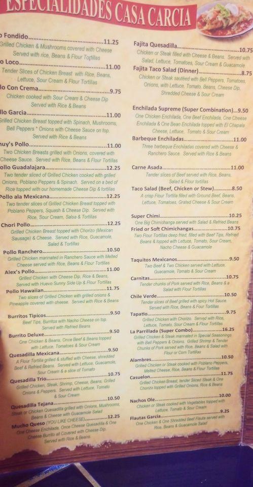 Menu at Casa Garcia Mexican Restaurant, Carthage, US-15