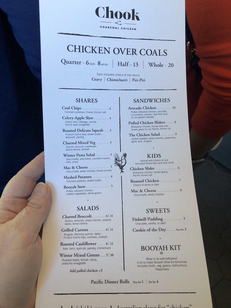Menu at Chook restaurant, Denver, S Pearl St