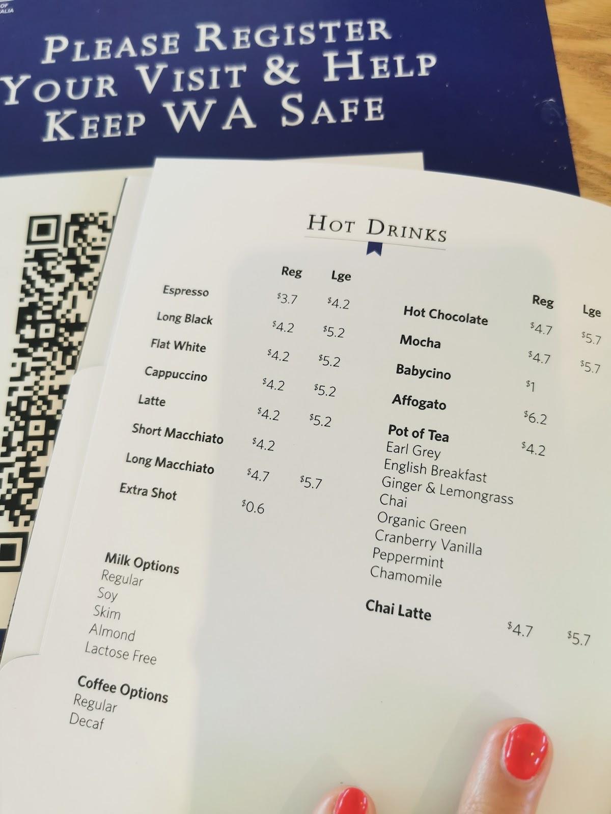 Menu at Freshwaters cafe, Peppermint Grove
